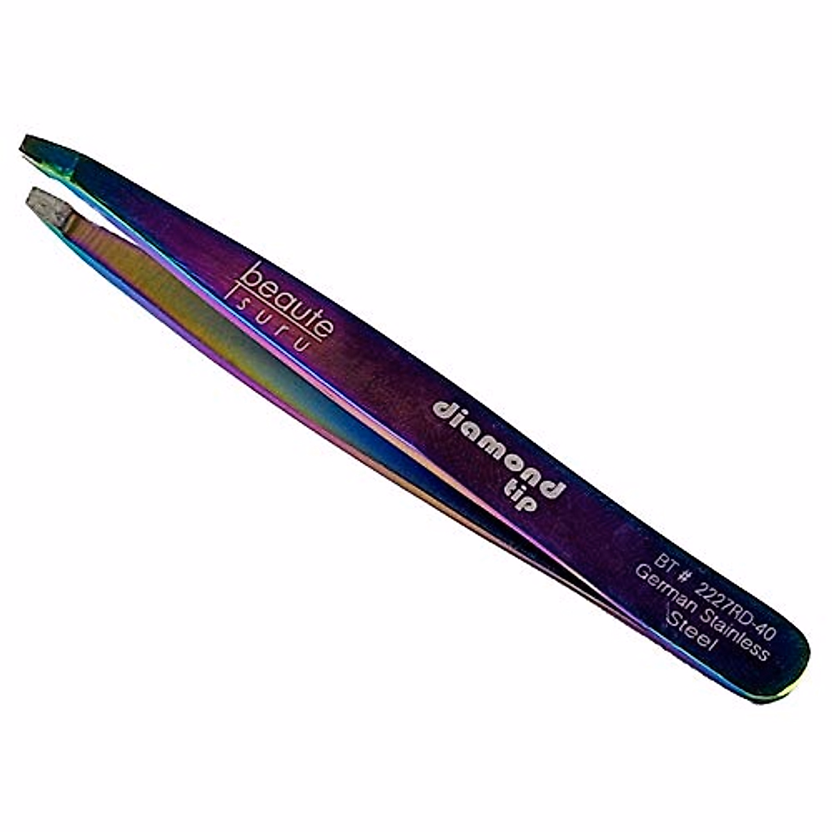 Professional Diamond Tip Eyebrow Tweezers (Rainbow Titanium Finish Slant Tip Tweezer BT2227DR 4.0)