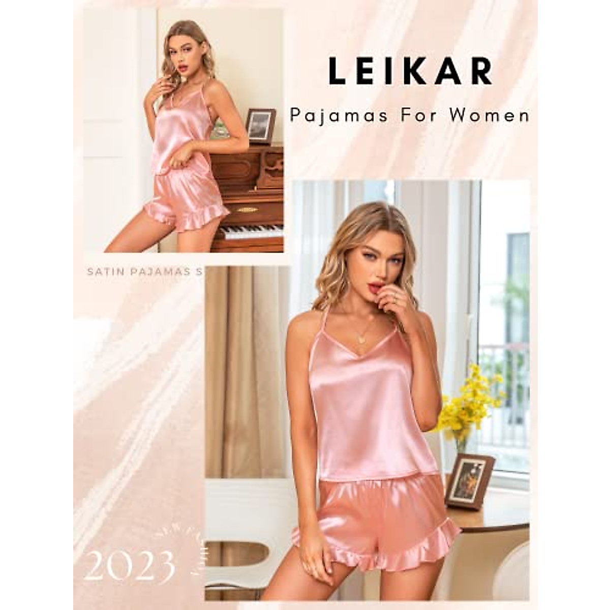 Leikar Silk Pajamas For Women Cute Cami Pajamas Sexy Satin Sleepwear Pink Gold