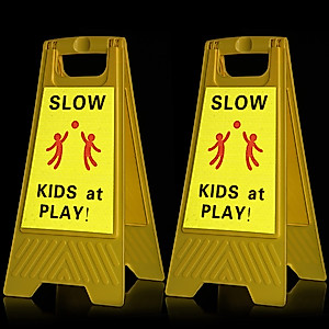 Dreyoo 2 Pack Slow Down Kids at Play Sign, 24 Inch Reflective Double Sided Slow Children at Play Signs, Caution Kids Playing Safety Signs for Street Neighborhood Yard School Park Sidewalk and Driveway