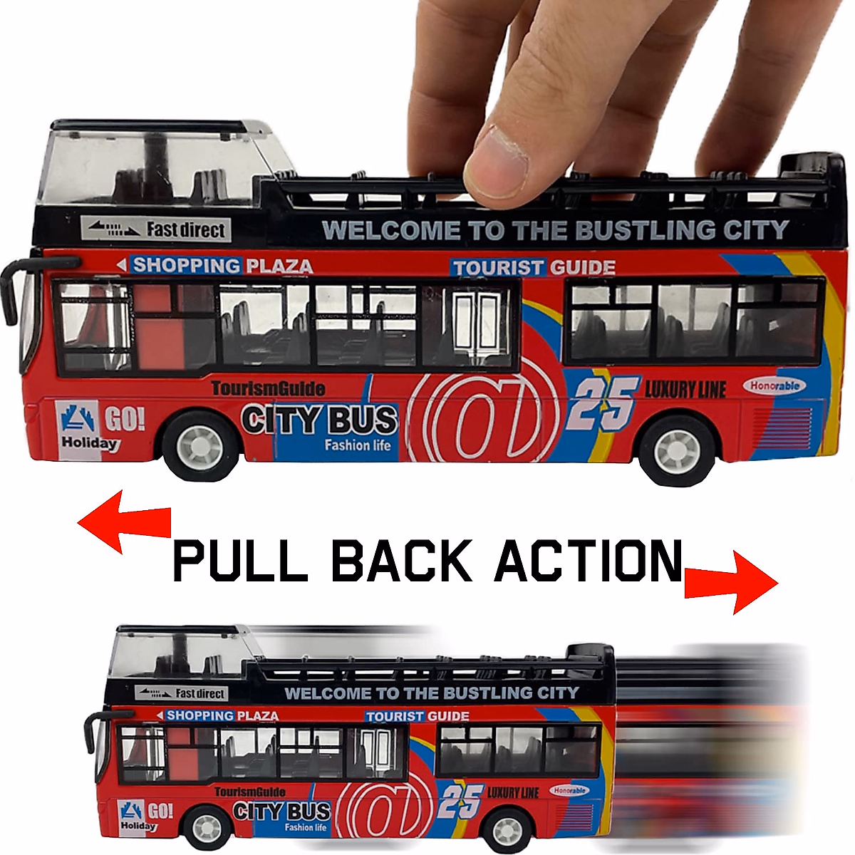 Liberty Imports 1:32 Scale Die Cast Sightseeing Tour Bus Toy Pull Back Vehicles | Mini Double Decker Tourist Open Top Bus Model Car | Pullback Action Toys with Lights and Music (Red)
