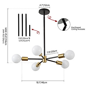 KAISITE Sputnik Chandelier Light Fixture - Modern 5-Light Sputnik Ceiling Light Height Adjustable Gold and Black Hanging Pendant Lighting for Living Room Kitchen Bedroom Hallway Farmhouse