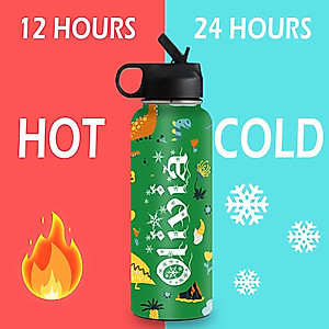 FunStudio Personalized Dinosaur Water Bottles for Boys, 18 oz Custom Name Insulated Dino Water Bottle With Straw, Stainless Steel Reusable Waterbottle Gifts for Kids School Girls Men Women - Dinosaur