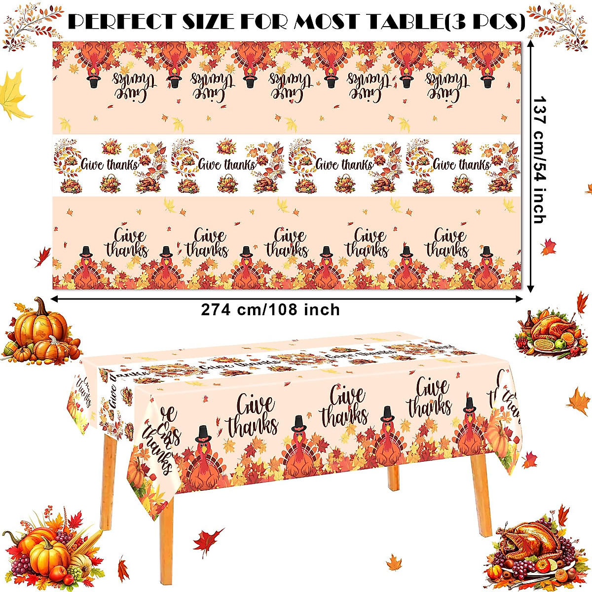 Fecedy Happy Thanksgiving Hanging Extra Large Fabric Sign Poster Background Banner with Pumpkin Maple Leaves Turkey Pattern for Thanksgiving Day Autumn Harvest Decorations 43.3"x70.8"