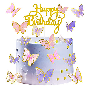 100Pcs Butterfly Cake Topper, Butterfly Cupcake Topper, Butterfly Cake Decorations, Cake Topper, Birthday Anniversary Decor, Party Decorations for Women Girls, Mixed Size (Pink Purple Gold)