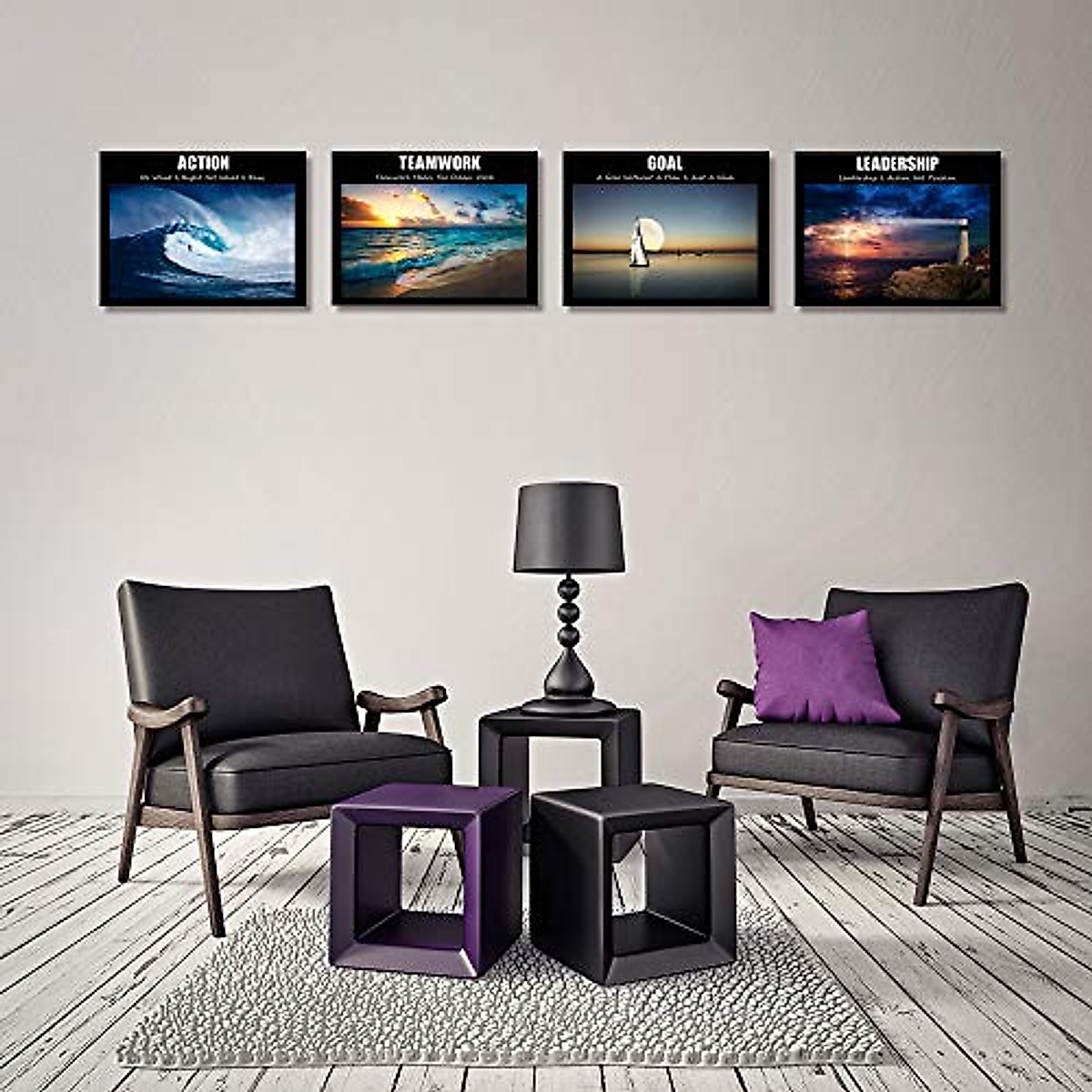 Visual Art Decor Large Motivation Teamwork Leadership Action Goal Inspirational Quotes Canvas Wall Art Ocean Waves Sea Seascape Picture Prints for Home Office Wall Decoration Set of 4 Ready to Hang