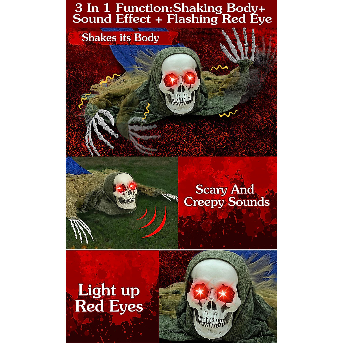 52 Inch Crawling Zombie Halloween Animatronic Prop Decorations Outdoor Creepy Sound Light up Eyes Movable Life Size Skeleton Groundbreaker Sound Activated Haunted House Halloween Decor Graveyard