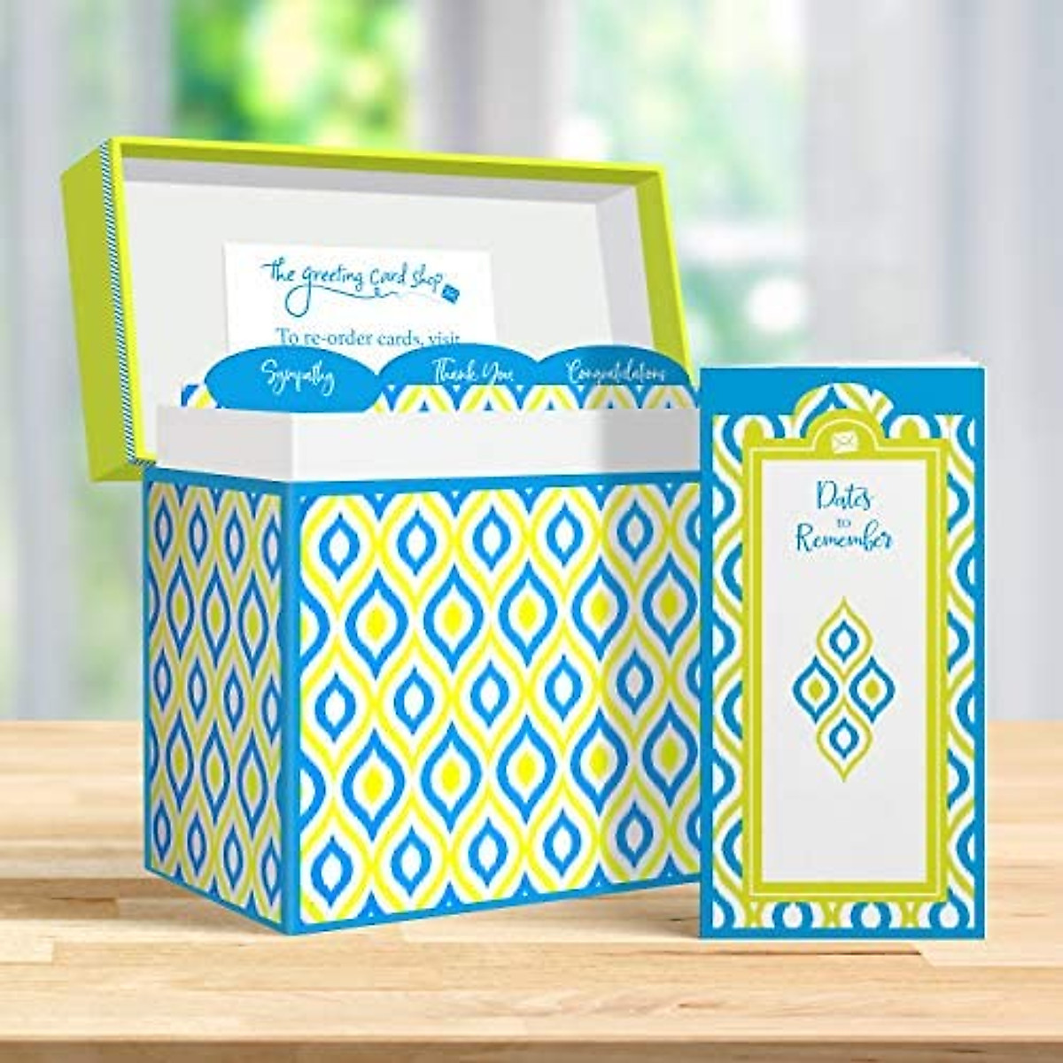 Designer Greetings Greeting Card Organizer Box with Dividers and Calendar, Peacock Design (Holds Up to 40 Greeting Cards, 5.5” x 7.25” or Smaller)
