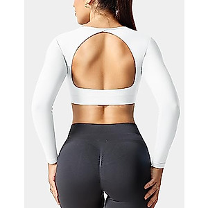 YEOREO Ultimate Workout Crop Tops for Women Long Sleeve Open Back Shirts Padded Bra Backless Yoga Gym Tops White L