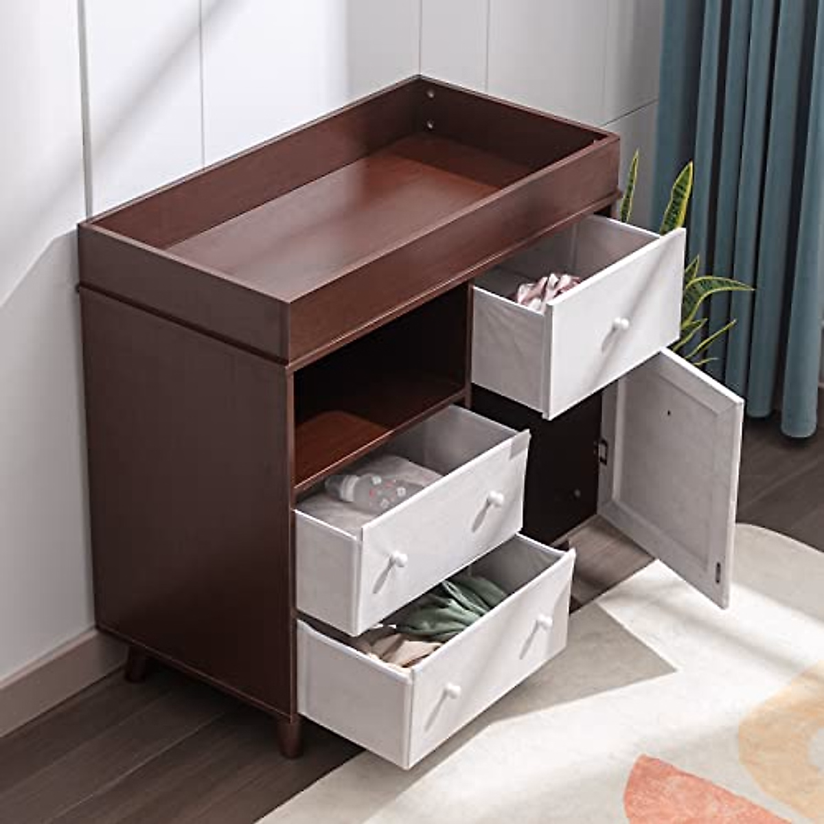 MOOITZ Changing Table Dresser with 3 Drawers, 2 Cabinets, Can be Used as a Baby Changing Table Dresser, a Dresser Changing Table, Changing Table with Drawers(White Dark Brown)