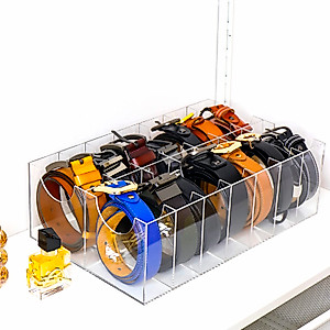 Cutora Belt Organizer, Acrylic Belt Storage Holder for Closet and Drawer, 10 Compartments Belt Container for Checkroom, Clear Belt Divider Display Case