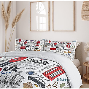Ambesonne Hipster Duvet Cover Set, I Love London Double Decker Bus Telephone Booth Cab Crown of United Kingdom Big Ben, Decorative 2 Piece Bedding Set with 1 Pillow Sham, Twin Size, White Red