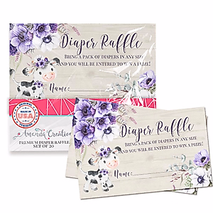 Amanda Creation Watercolor Purple Floral Cow Diaper Raffle Tickets for Baby Showers, 20 2" X 3” Double Sided Insert Cards for Games, Bring a Pack of Diapers to Win Favors & Prizes!