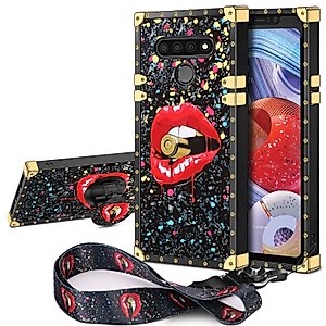 JAKPAK Case for LG Stylo 6 Case with Kickstand for Girls Women Soft TPU Luxury Stylo 6 Case with Strap Shockproof Protective Heavy Duty Metal Cushion Reinforced Corner Case for LG Stylo 6 Lip Black