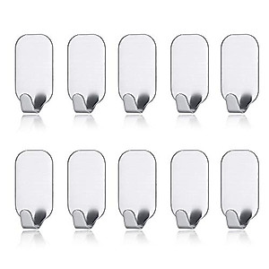 MXtechnic Self Adhesive Hook Stick on Wall 304 Stainless Steel Polished Hanging Clothes Coat Hat Hooks and Strong Heavy Duty Metal Super Power Hooks Storage Organizer (10 Pack) (Hooks-10)
