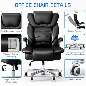 GYI Big and Tall Office Chair 400lb Wide Seat, High Back Leather Executive Office Chair with Flip-up Arms, Ergonomic Computer Desk Chairs for Home Office, Black