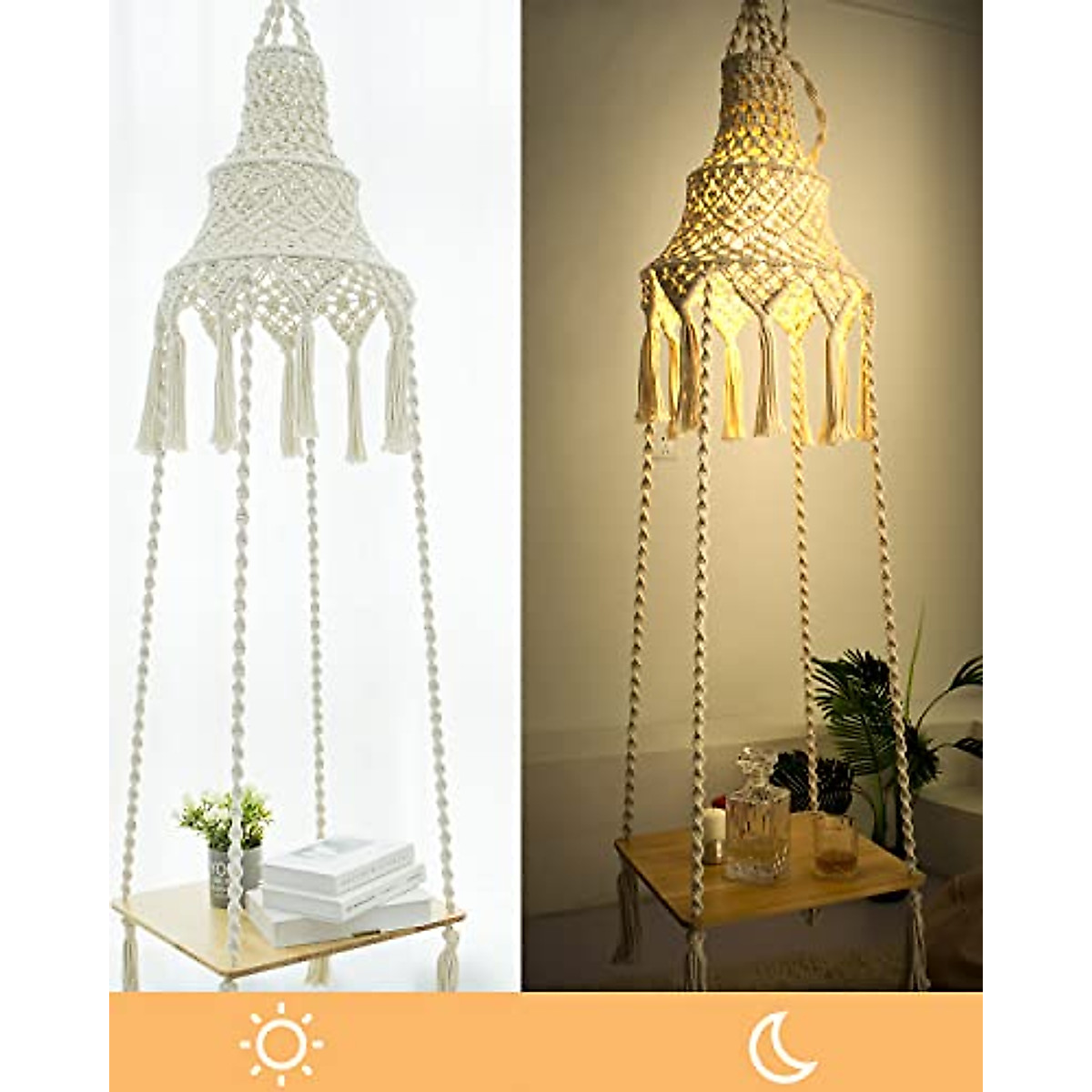 Amdermi Macrame Hanging Shelf Hanging Rope Shelf Indoor with Boho Lamp Shade Floating Square Shelves Decorative Shelf Table Holder Planter Display Rack Boho Home Decor. Ceiling Mount Rope Shelf