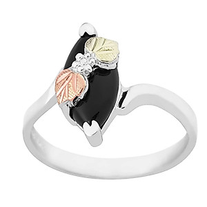 Slim-Profile Marquise Onyx Bypass Ring, Sterling Silver, 12k Green and Rose Gold Black Hills Gold Motif, Size 9.5