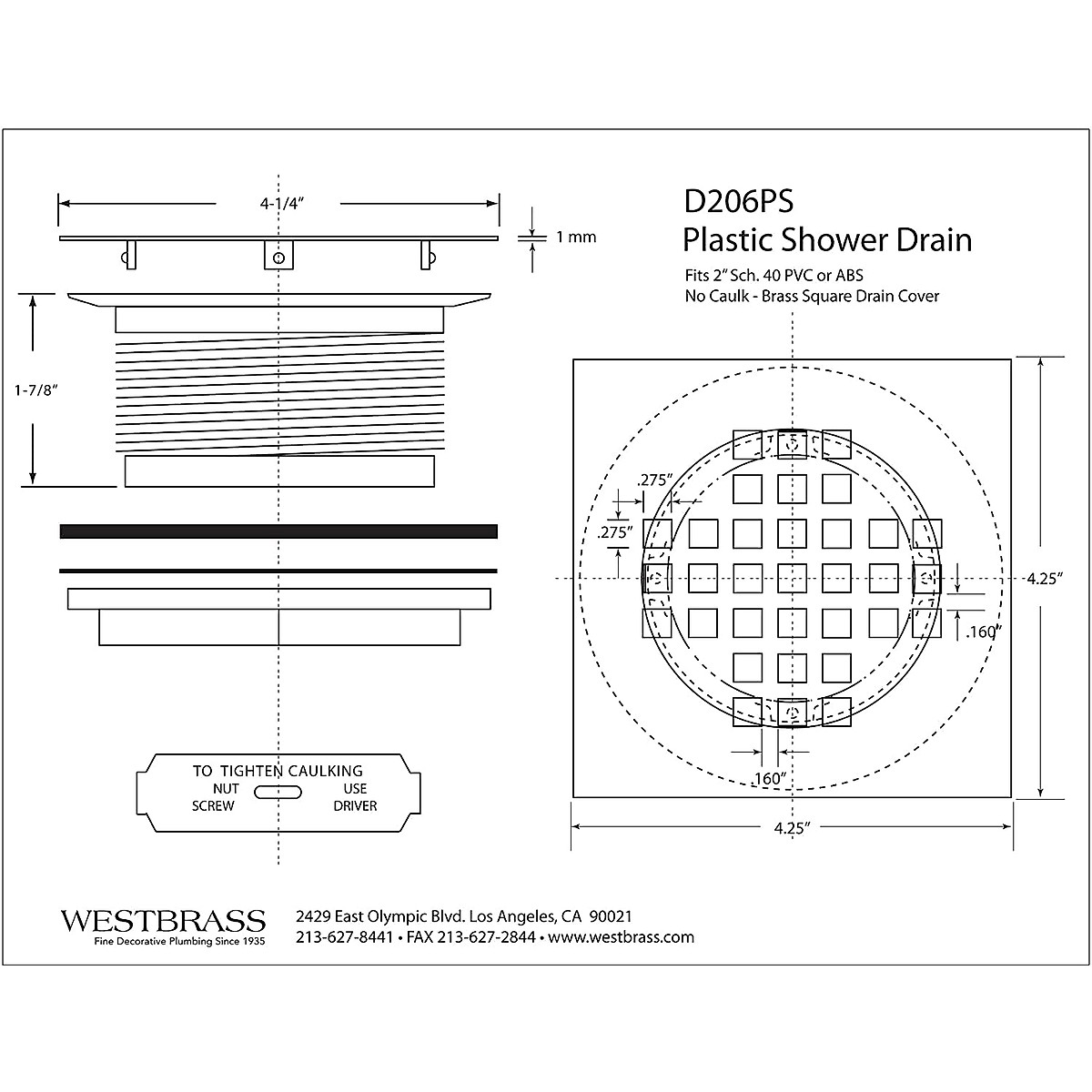 Westbrass D206PS-62 4-1/4" Square Grate Shower Drain Cover with 2" SCH 40 PVC Drain Pipe, Matte Black