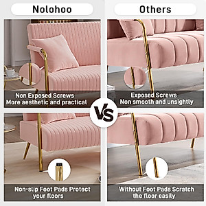 Nolohoo Loveseat Couch Set of 2 with Gold Legs, 58.6" W Pink Small Sofa with 2 Pillows, Tufted Upholstered Settee 2 Seater Mini Couch for Living Room, Bedroom, Office, Apartment (Pink,Velvet)