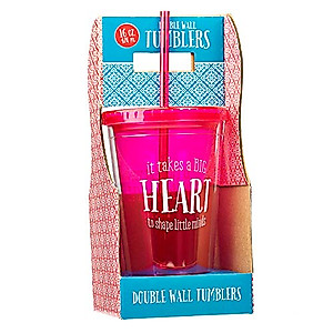 Christian Art Gifts Insulated Teacher Tumbler with Lid & Straw: It Takes a Big Heart to Shape Little Minds - Let All That You Do Be Done in Love - 1 Corinthians 16:14 Bible Verse Cup, Pink, 16 oz.