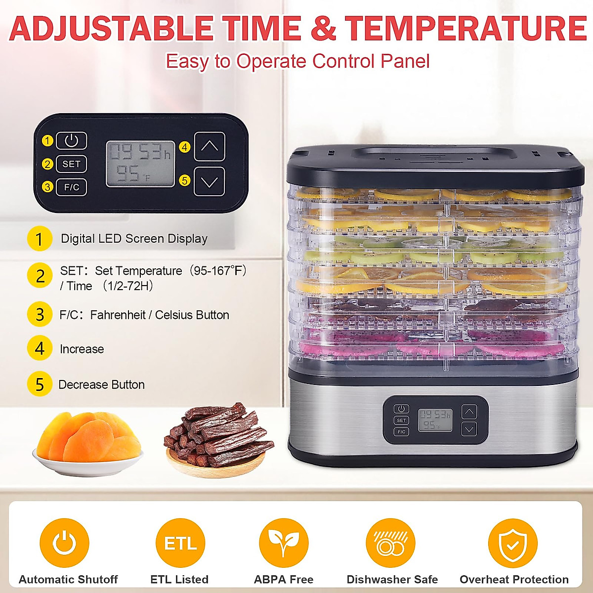 HOPERAN Food Dehydrator, 6 Trays Dehydrator with 72H Timer & 95-167℉ Temperature Control & LED Display, Dehydrators for Food and Jerky, Fruits, Herb, Veggies, Pet Treat, BPA-Free, Recipe Book Included