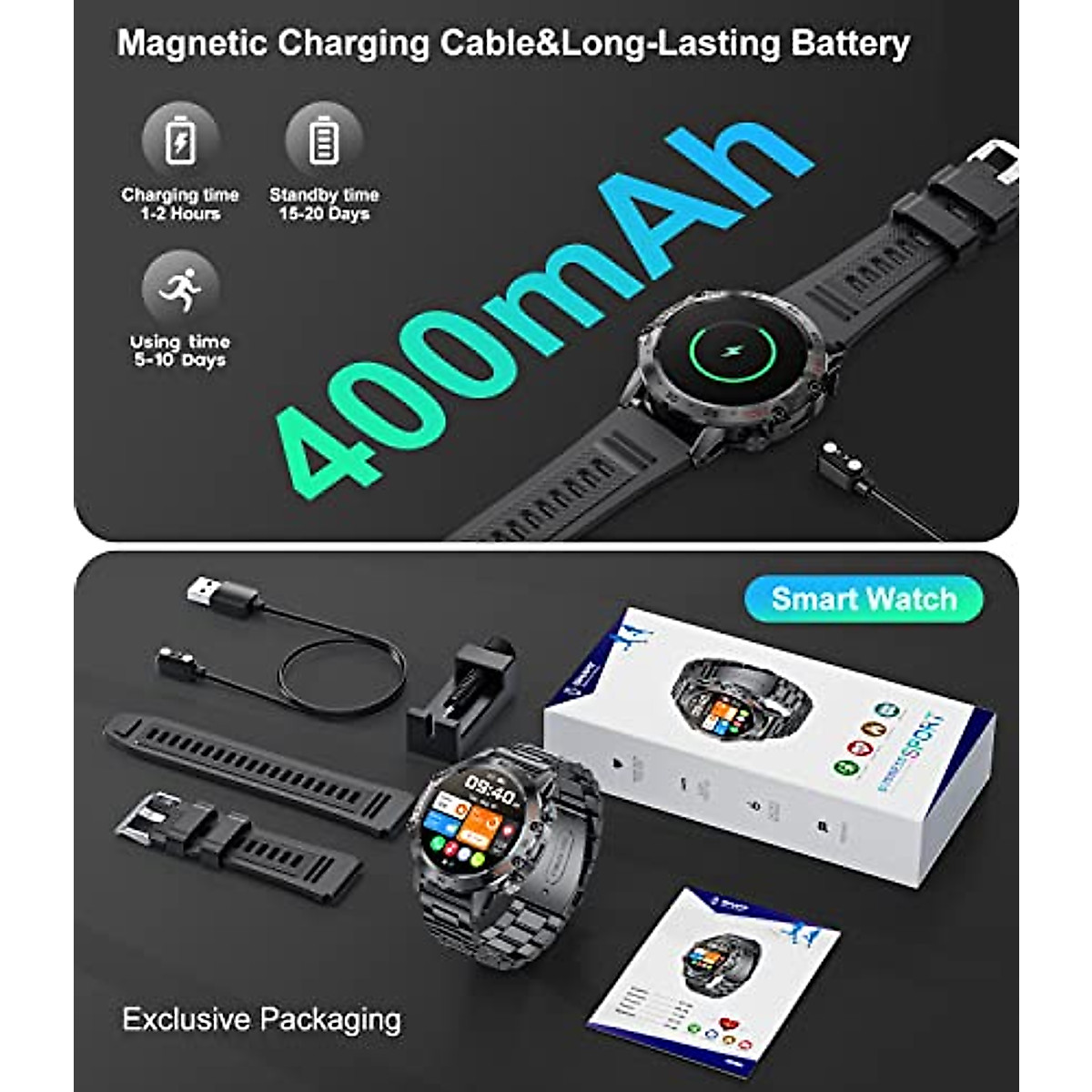 Military Smart Watch for Men(Answer/Dial Calls),100 Sports Modes, 5ATM Waterproof Fitness Watch with Heart Rate/SpO2/Blood Pressure for Android and iPhone,1.39''HD DIY Screen Smartwatch Black