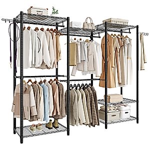 HOOBRO Heavy-Duty Clothes Rack, Freestanding 6-Tier Closet Organizer, Metal Clothing Rack with Shelves and Hanger Rods, Multi-Functional Bedroom Garment Rack, Max Load 800 lb, Black BK03LY01