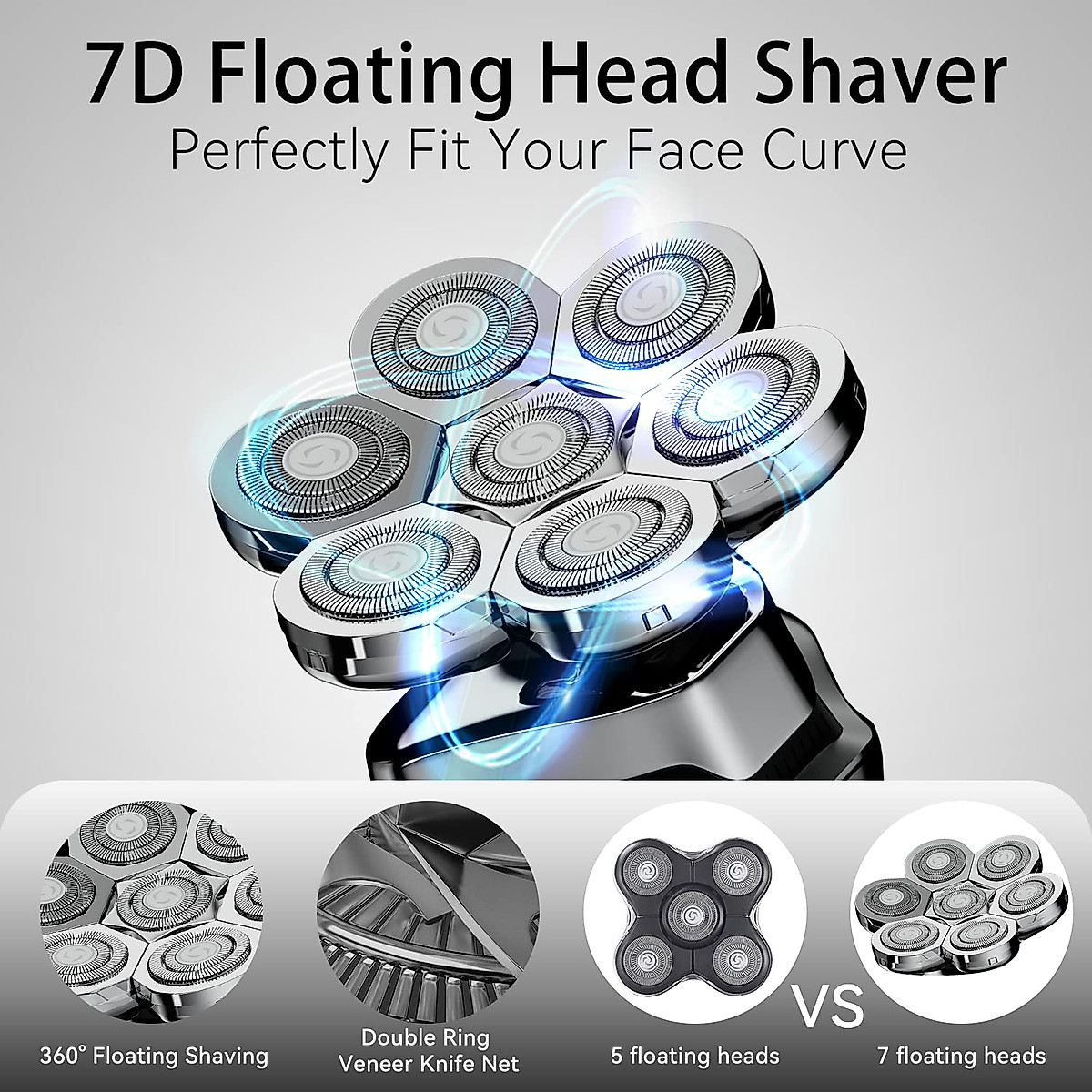 7D Electric Head Shaver for Bald Men, 5 in 1 Electric Rotary Razor Wet and Dry, Grooming Cordless Electric Shavers USB Rechargeable Waterproof, 7D Floating Balding Trimmer with LED Display (Black)