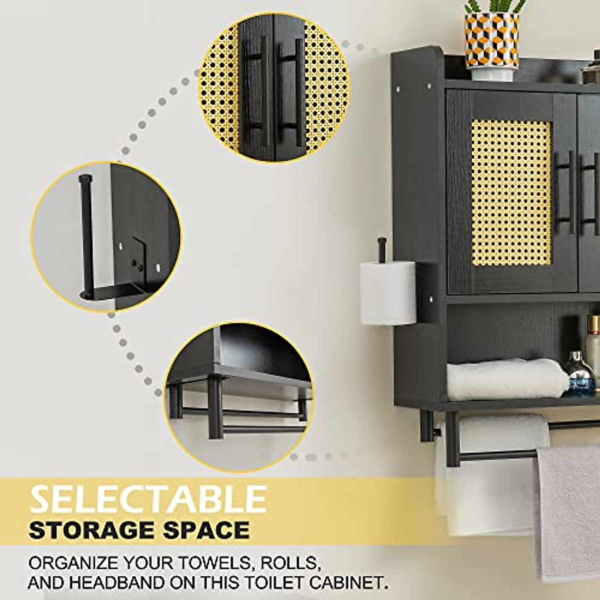 SUNTAGE Bathroom Wall Cabinet, Over Toilet Storage Cabinet w/2 Towel Bar, Paper Roll Holder & Adjustable Shelf in 9 Combinations, Medicine Cabinets Ideal for Bathroom, Living Room, Kitchen (Black)