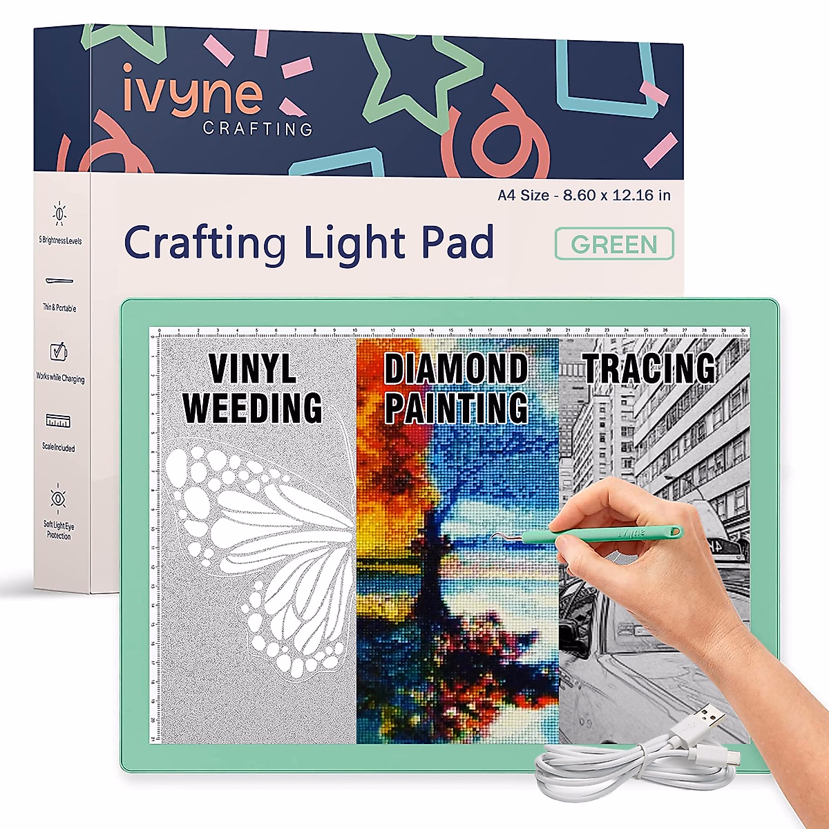 iVyne Corded Light Pad for Weeding Vinyl & Diamond Painting - A4 Light Box for Sketching & Tracing (Green)