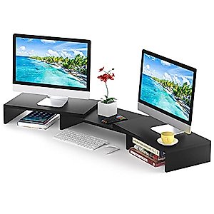 5Rcom Dual Monitor Stand, Desk Accessories with Adjustable Length and Angle, Computer Monitor Stand for PC, Tablet, Laptop, Printer, Monitor Stand Riser, Desk Shelf (Black)