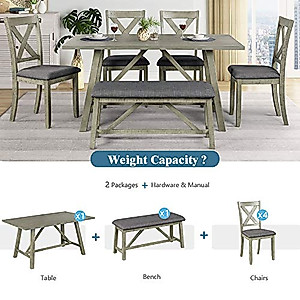 WOZNLA Wood 6, Rustic Style Kitchen Dining Room Set with 1 Table, 1 Bench & 4 Padded Chairs, Gray, 60" x 35", Grey