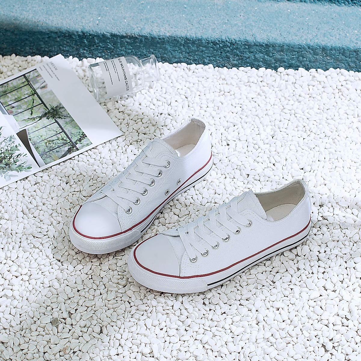 Adokoo Womens Canvas Shoes Casual Cute Sneakers Low Cut Lace up Fashion Comfortable for Walking（White,US11