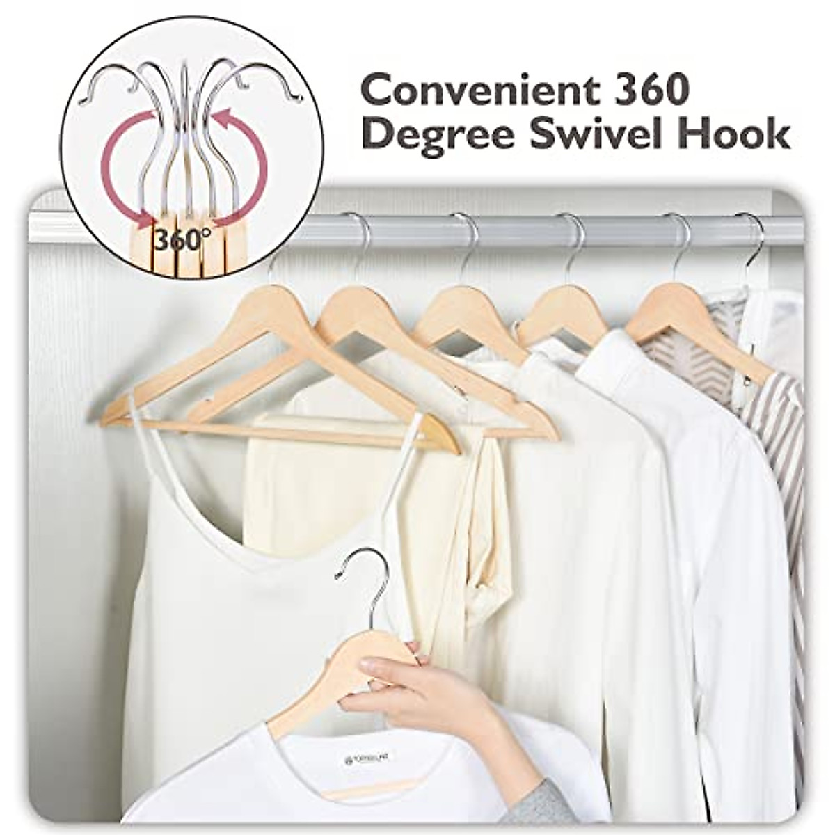 Edergoo Wooden Hangers 20 Pack, Non-Slip Wood Hangers with 360° Swivel Hook & Notches, Slim Coat Hangers for Shirt, Suit, Jacket, Dress, Natural