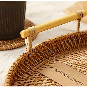 Round Rattan Coffee Table Tray with Handles - Woven Basket Food Decorative Tray ，Handmade Rattan Serving Tray with Handles ，Adorable Natural Bamboo Tray for Ottoman Coffee Table (Large/11 inch)