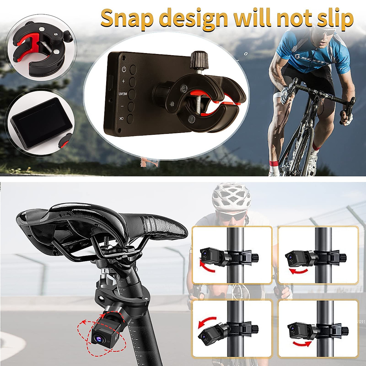 Bike Camera Rechargeable Battery 360 Rotation - 3 Mins Easy Install Handlebar Bicycle Camera with Rear View Monitor Color Night Vision Ebike Camera PTAVLO P01
