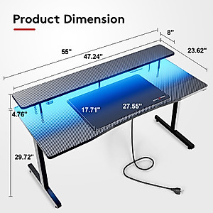 GTRACING 55 Inch Gaming Desk, Computer Gamer Desk with Monitor Stand, Ergonomic Carbon Fiber Surface Gaming Table with Power Outlet and Mouse Pad for Home Office, RGB