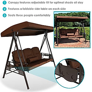 Sunnydaze 3-Person Steel Patio Swing Bench with Adjustable Tilt Canopy - Cushions and Pillow Included - Brown