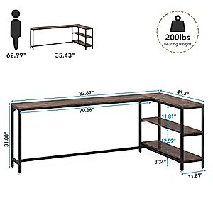 Tribesigns L Shaped Console Sofa Table, 82.67" Extra Long Sofa Tables with 3-Tier Open Storage Shelves, Reversible Entryway Table for Hallway, Industrial Behind Couch Table for Living Room