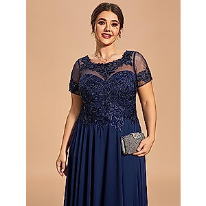 Ever-Pretty Women's Custom Plus Size Elegant Round Neck Embroidered Floor-Length A Line Formal Dresses Navy Blue US26