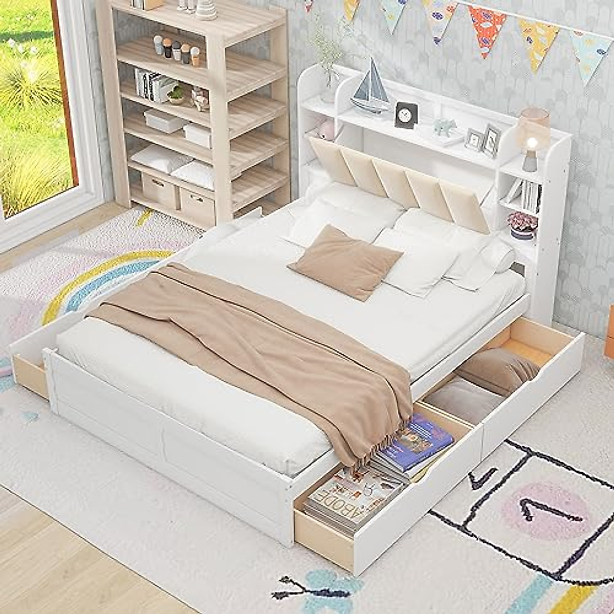 Merax Wood Queen Size Platform Bed with Storage Headboard