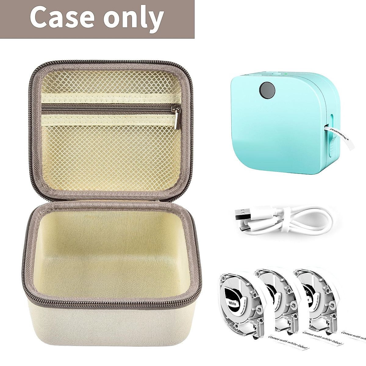 Case for MakeID HD(300dpi) Label Maker Machine with Tape, Hard Travel Carrying Storage Bag Holder with Accessories Mesh Pocket (Box Only)-Beige