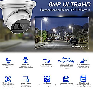 PANOEAGLE Starlight 8MP POE IP Camera Turret, Outdoor 4K Security Camera with Human Vehicle Detection, Built-in Mic, SD Card Slot, 98ft IR Night Vision, 2.8mm Wide Angle Lens, IP67 Waterproof, IVS