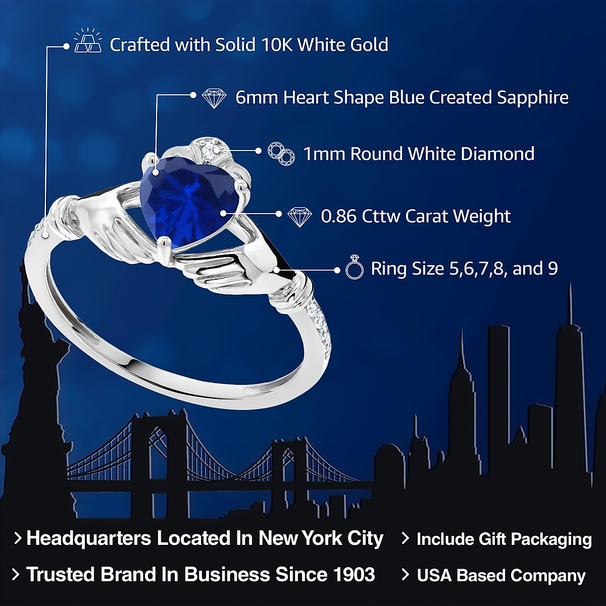 Gem Stone King 10K White Gold Blue Created Sapphire and White Diamond Irish Celtic Claddagh Ring For Women (0.86 Cttw, Heart Shape 6MM, Gemstone Birthstone, Available in size 5, 6, 7, 8, 9)