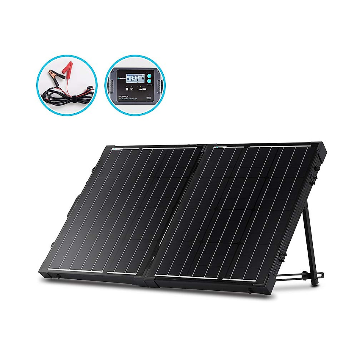 Renogy 100 Watt 12 Volt Monocrystalline Off Grid Portable Foldable 2Pcs 50W Solar Panel Suitcase Built-in Kickstand with Waterproof 20A Charger Controller & Solar Panel Connector Assembly Tool