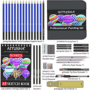 AITUSHA 36-Piece Professional Sketch Pencil Set with 50-Page Drawing Pad: Perfect Art Supplies for Artists, Beginners, Adults, and Teens