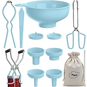 Pisol Canning Supplies Starter Kit, 13 PCS Canning Beginners Tools Set with Wide Mouth Kitchen Funnel with 4 Sizes Spout, Kitchen Tongs, Jar Lifter, jar Wrench, Bubble Popper and Lid Lifter