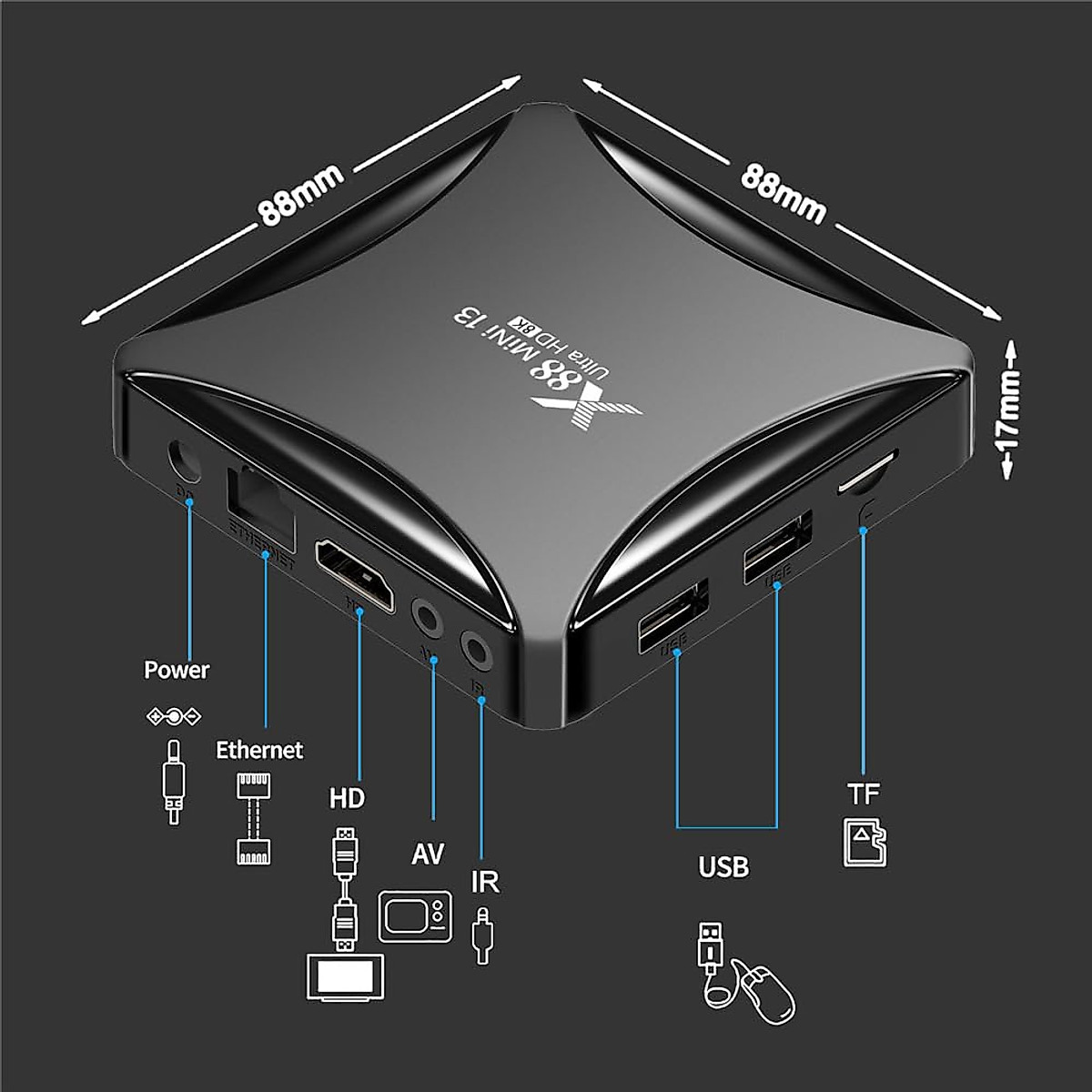 Android 13.0 TV Box,X88 Mini 13 4GB RAM 64GB ROM RK3528 Quad-Core Wifi 2.4G/5.8Ghz 8K HDR10+ Ultra HD USB Smart Home Player