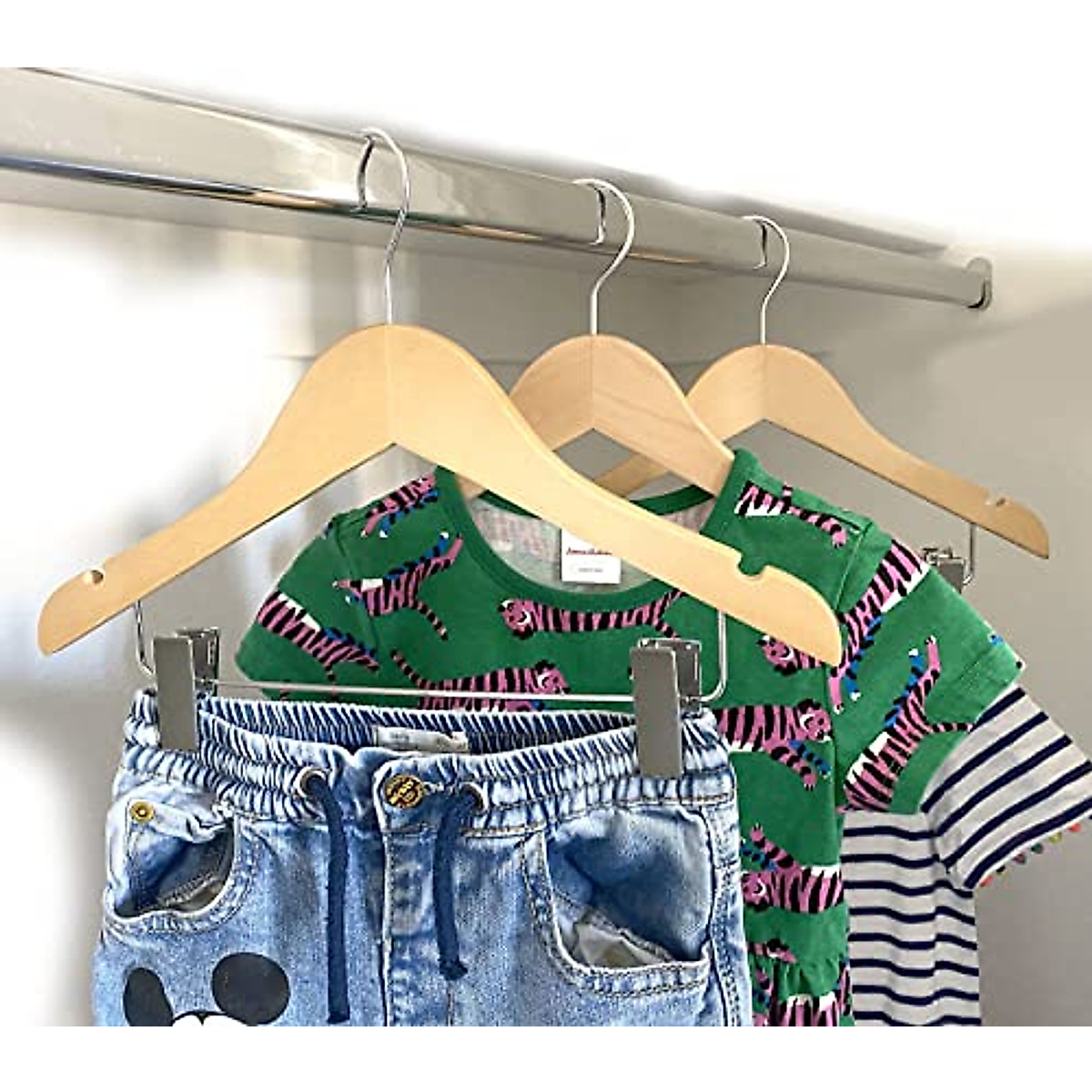 Kids Hangers with Metal Clips Pant Bar 4T-10 (Natural Wood)
