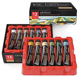 ARTEZA Gouache Paint, Set of 12, Earth Tones, 0.4 US fl oz Gouache Paint Tubes, Opaque Gouache Set for Canvas and Paper